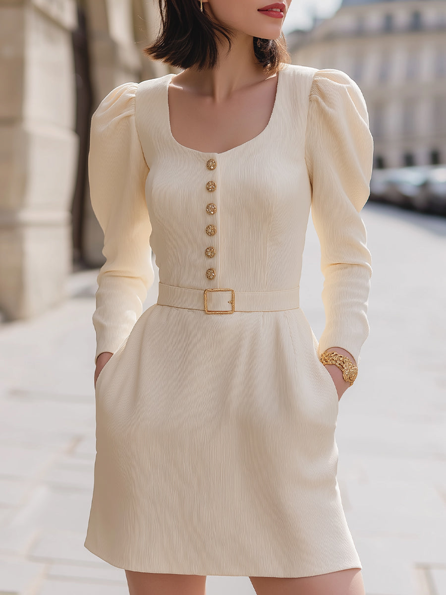 Elegant Belted Puff-Sleeve A-Line Dress With Button Detailing – KOCKU