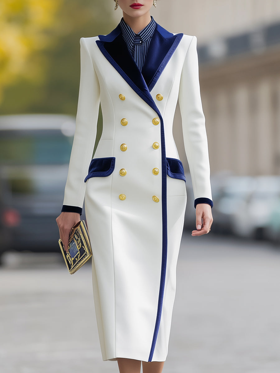 White & Navy Contrast Double-Breasted Dress – KOCKU