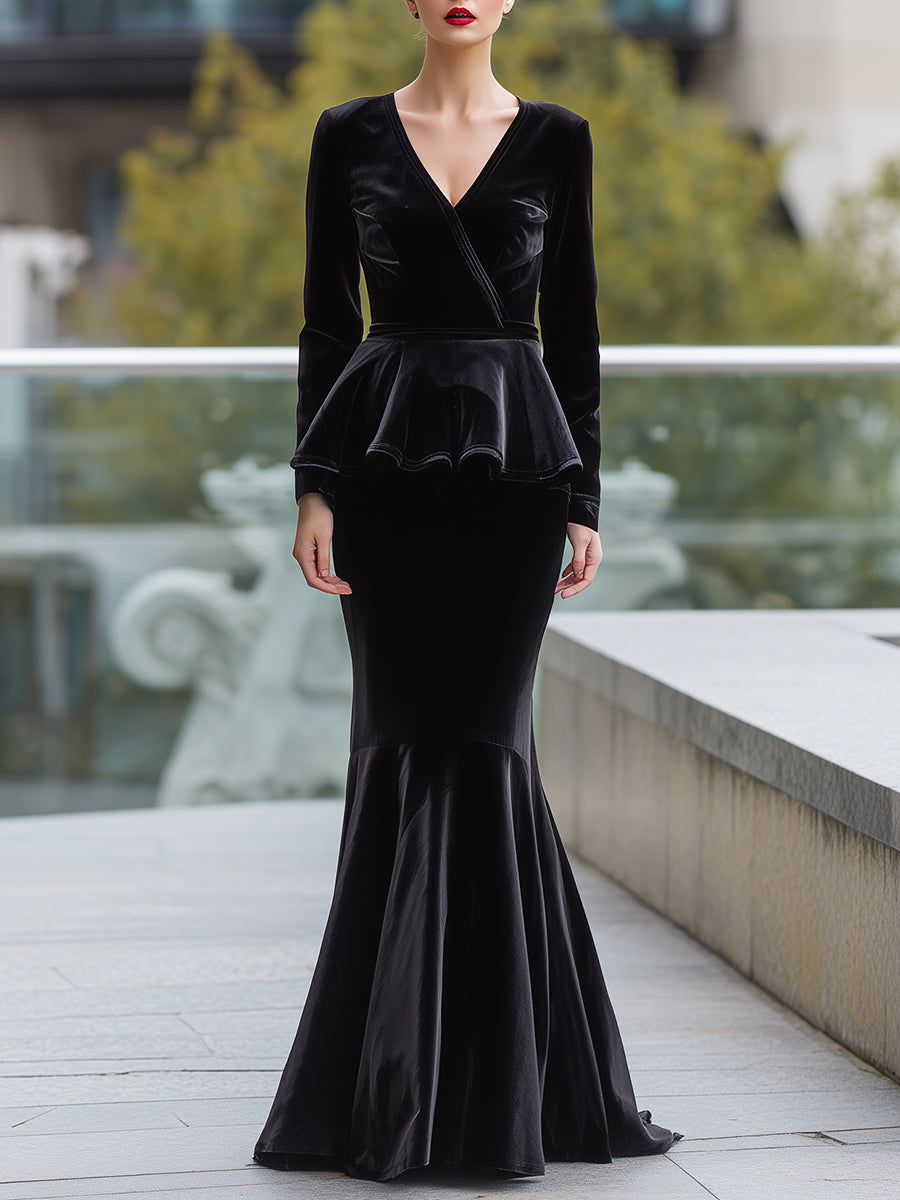 Midnight Grace Velvet Peplum Gown – KOCKU