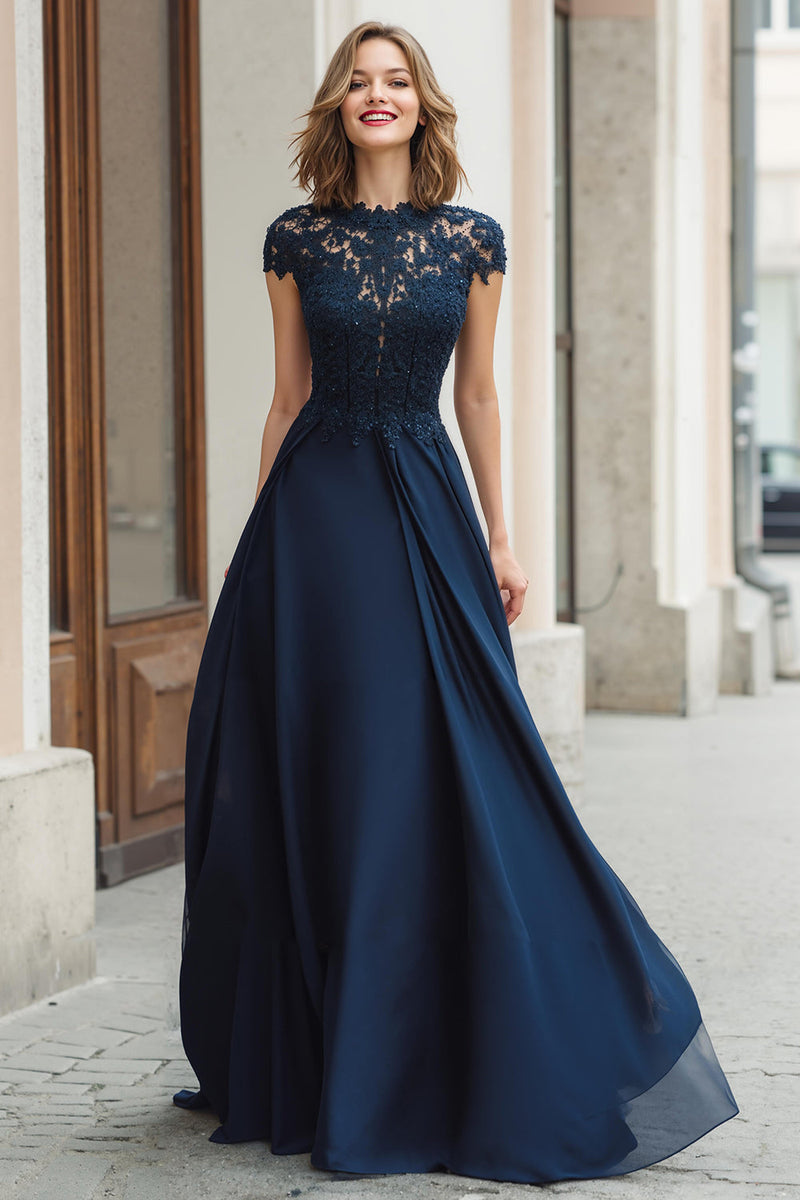 Navy Round Neck A-Line Chiffon Long Mother of the Bride Dress with Lac ...