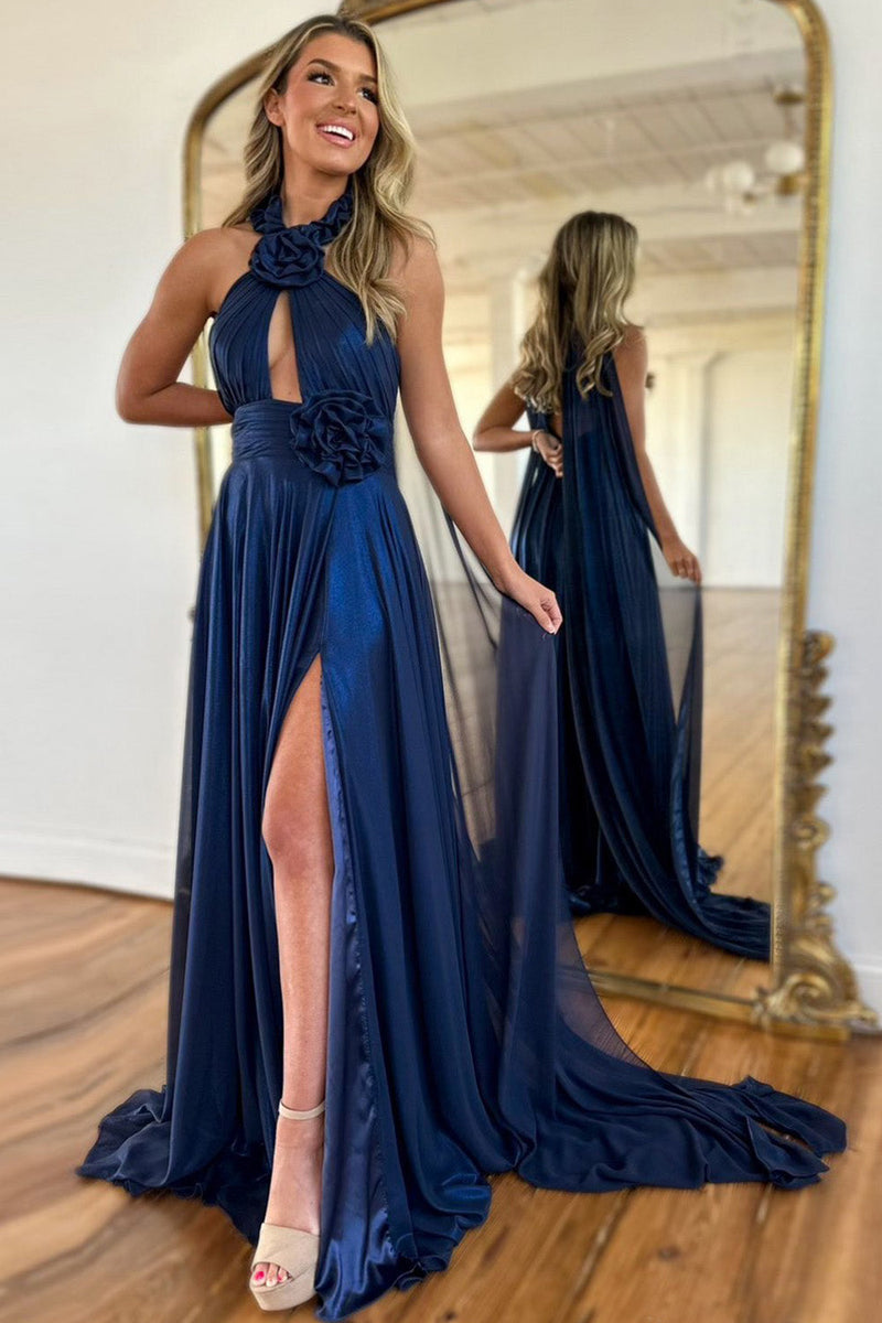 Navy A-Line Halter Neck Long Satin Prom Dress with Ribbons and Slit – KOCKU